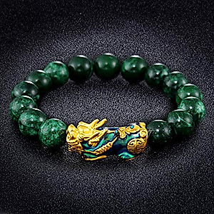 2pcs Pixiu Green Jade Natural Stone Change Color Elastic&Braided String Rope Bracelet Brave Troops Lucky Wealth Bracelet for Women Men Gift-Set 1
