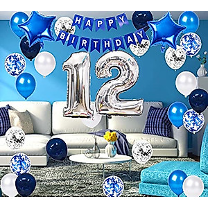 12th Birthday Party Decoration for Boys, Happy Birthday Banner Blue Number 12 Birthday Balloons 12th Birthday Latex Confetti Balloon for Boys Him Son 12 Years Old Birthday Decoration Supplies(12th)