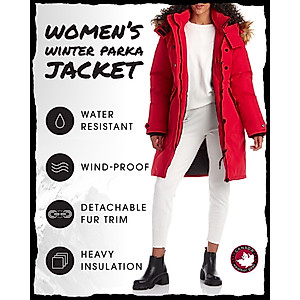 CANADA WEATHER GEAR Women's Winter Coat - Stadium Parka Jacket, Fur Trim Hood (S-3XL), Size Medium, Red Apple