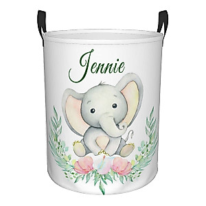 Puurbol Custom Cute Baby Elephant Laundry Hamper with Name Personalized Storage Bin Laundry Baskets For Bathroom