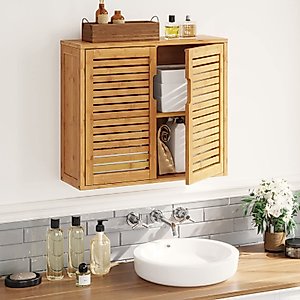 VIAGDO Wall Cabinet Bathroom Storage Cabinet Wall Mounted with Adjustable Shelves Inside, Double Door Medicine Cabinet, Utility Cabinet Organizer Over Toilet, Bamboo, 23.2''Lx8.3''Wx20.1''H