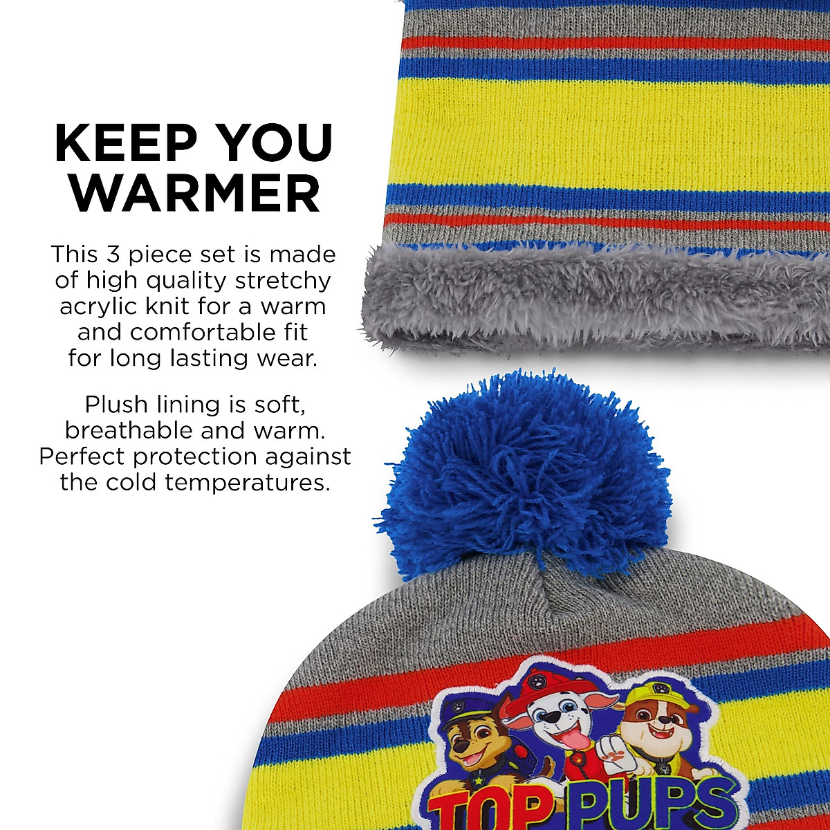 Nickelodeon Boys Toddler Winter, Scarf Paw Patrol Marshall Hat, Scarves & Kids Gloves Sets, Gray Mittens, Ages 2-4 and Ages 4-7