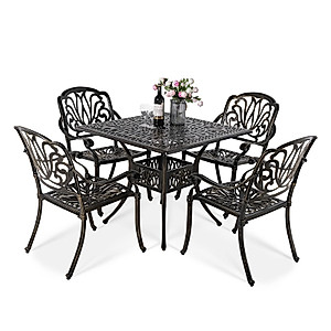 VIVIJASON 5-Piece Outdoor Cast Aluminum Patio Dining Set, All-Weather Conversation Furniture Set, Include 4 Chairs and a 35.4 inch Square Table w/Umbrella Hole for Balcony, Lawn, Garden, Backyard