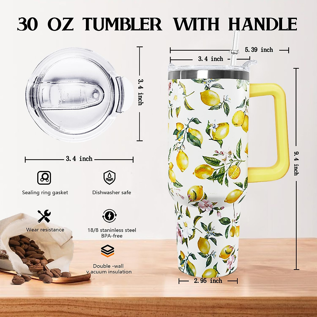 30 oz Stainless Steel Tumbler with lid and Straw,Yellow CoffeeTravel Mug Cup Water Botter, Lemon Gifts for Lemon Lovers