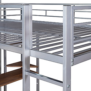 GINGVAT Full Size Metal Loft Bed with Desk and 2 Shelves,Metal Loft Bed Built-in Ladder,for Bedroom,Dorm,Apartment,Silver