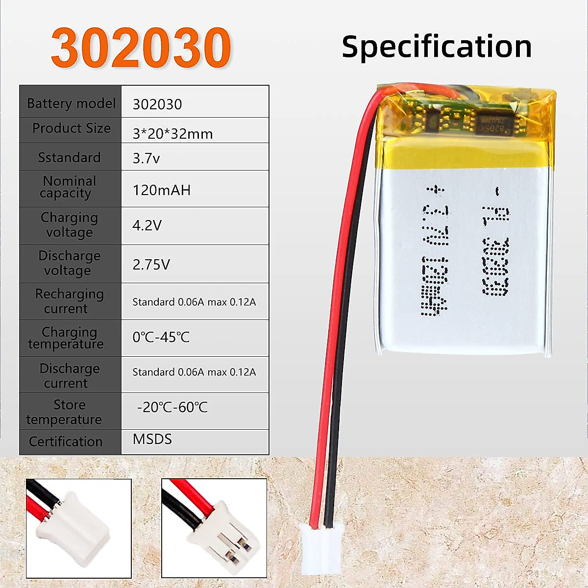 AKZYTUE 3.7V 120mAh 302030 Lipo Battery Rechargeable Lithium Polymer ion Battery Pack with JST Connector