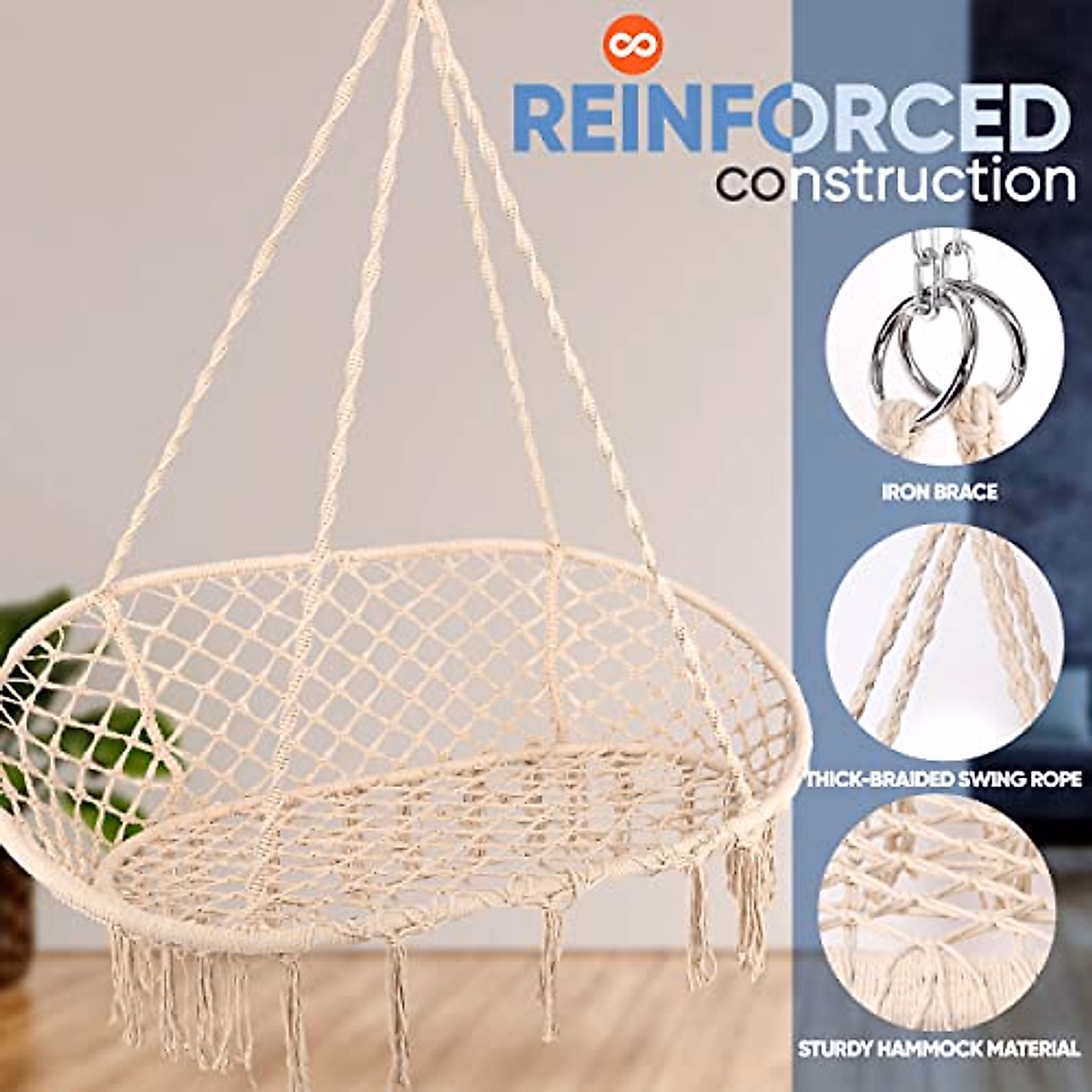 SereneLifeHome Hanging Rope Double Swing Chair, Hanging Hammock Bench, Macrame Hanging Chair, 530 lbs Capacity, Durable, Cotton Woven Swing Chair, Indoor & Outdoor (White)