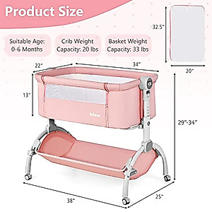 INFANS 3 in 1 Baby Bassinet, Bedside Sleeper, Rocking Cradle, Easy Folding Portable Safer Co-Sleeping Crib with Height Angle Adjustable, Wheels Storage Basket Travel Bag for Infant Newborn (Pink)