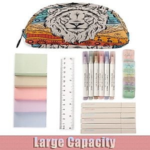 Pardick Pencil Case Animal Lion Enthnic Pencil Pouch Pencil Bags Half Round Pencil Organizer with Zipper, Adults Pencil Boxes Makeup Bag Pencil Storage Bag for Office School