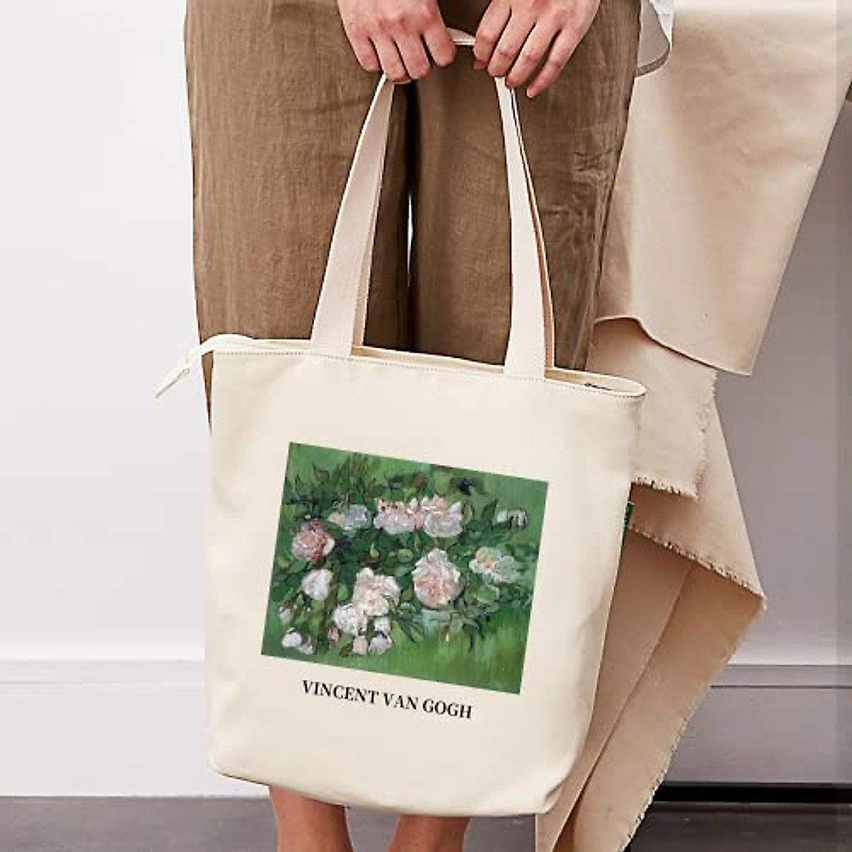 Lidxfeo Canvas Tote Bag Aesthetic, Shoulder Shopping Bag for Women, with Zipper and Inner Pocket, for Shopping, School, Work