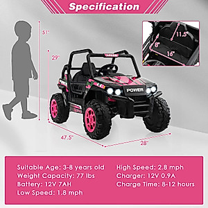 Costzon Ride on Car, 12V Kids UTV with 2.4G Remote Control, Music, LED Lights, Radio, USB Port, Storage, Slow Start, Battery Powered Off-Road Buggy for Boys Girls Aged 3-8 Years, Ride on UTV (Pink)