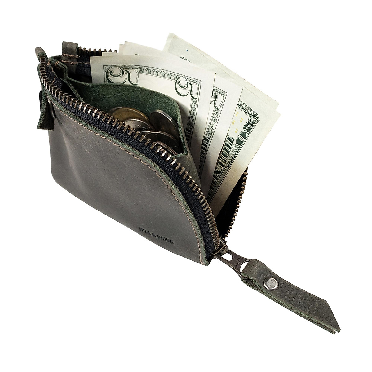 Hide & Drink, Zippered Wallet, Holds Up to 6 Cards Plus Folded Bills, Pouch Organizer, Cash Holder, Travel Essentials, Mini, Pocket-Size, Full Grain Leather, Handmade, Charcoal Black