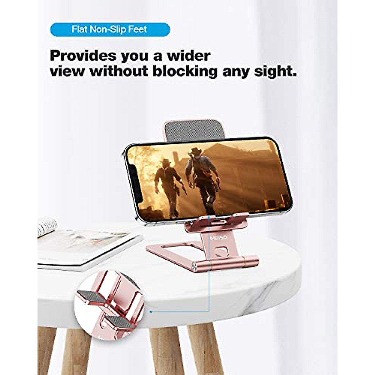 MEISO Cell Phone Stand, Fully Foldable Phone Holder for Desk, Desktop Mobile Phone Cradle Dock Compatible with iPhone, Samsung Galaxy, iPad Mini, Tablets Up to 10” (Rose Gold)