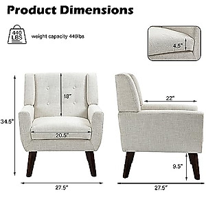 UIXE Comfy Arm Accent Chairs for Bedroom, Mid Century Modern Armchair Living Room Sofa Chair with Wooden Legs, Linen Fabric Button Tufted Upholstered Reading Chair for Home Office (Beige)