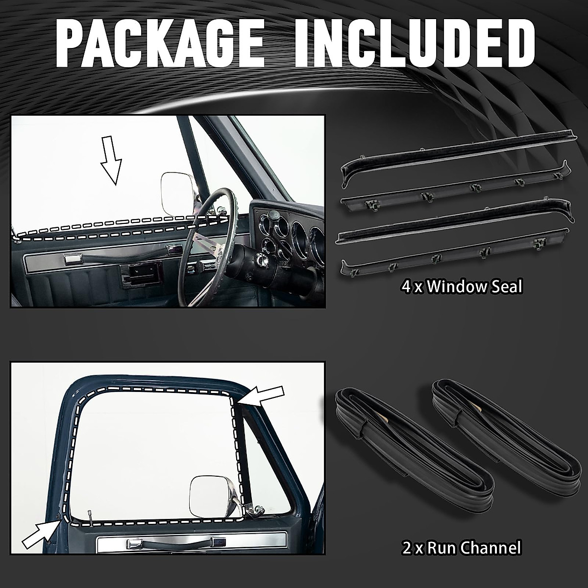 WEILEITE Front Door Window Channel Felt Trim Seal Weather Stripping Kit Compatible with GMC C1500 C2500 C3500 K1500 K2500 K3500 Suburban Jimmy Chevy C10 C20 C30 K5 K10 K20 K30 Blazer Suburban Truck