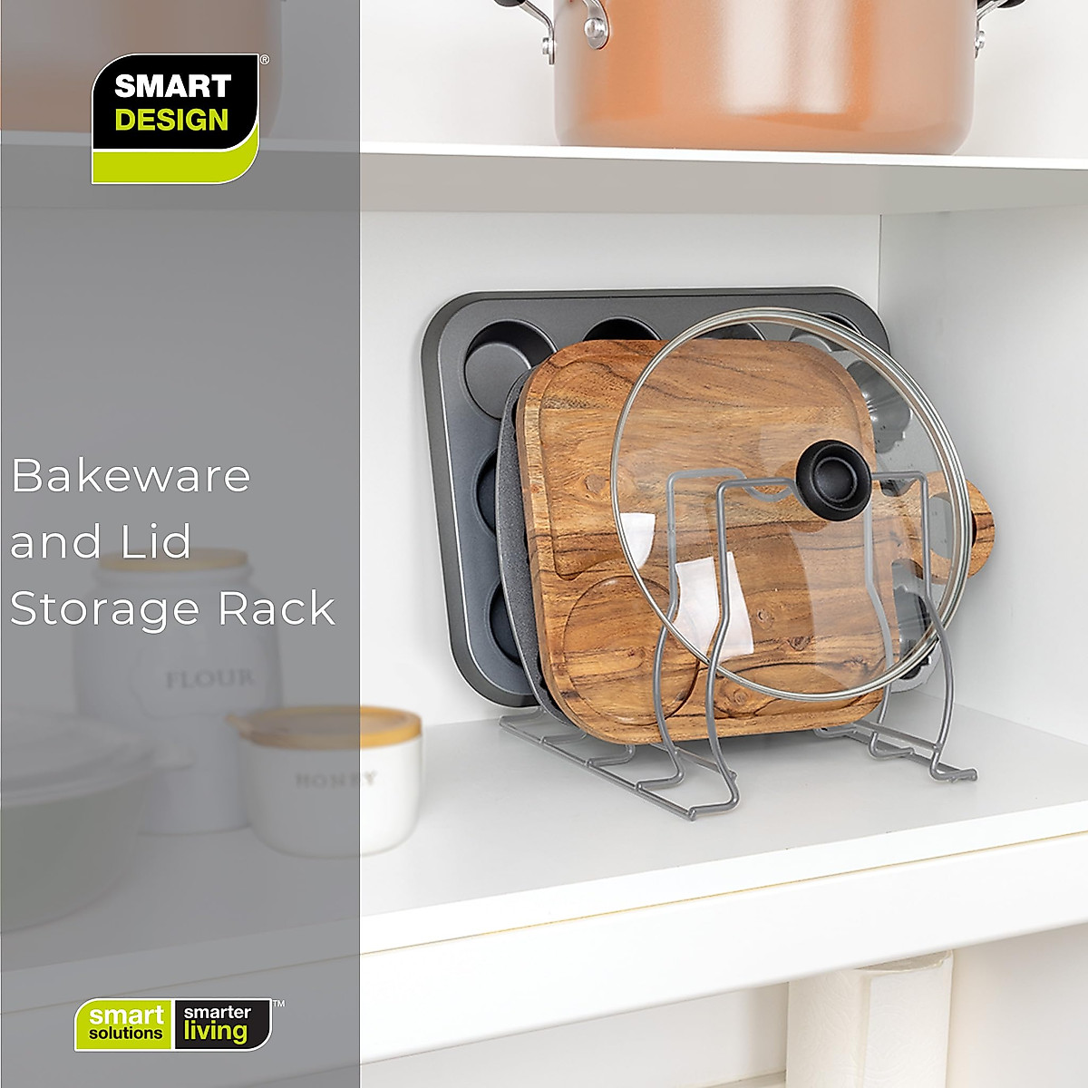 Smart Design Bakeware and Lid Storage Rack with 4 Compartment Dividers - Steel Metal Frame - Rust Resistant Finish - Cooking and Baking Pantry Organization - Kitchen 10 x 8 Inch - Light Blue