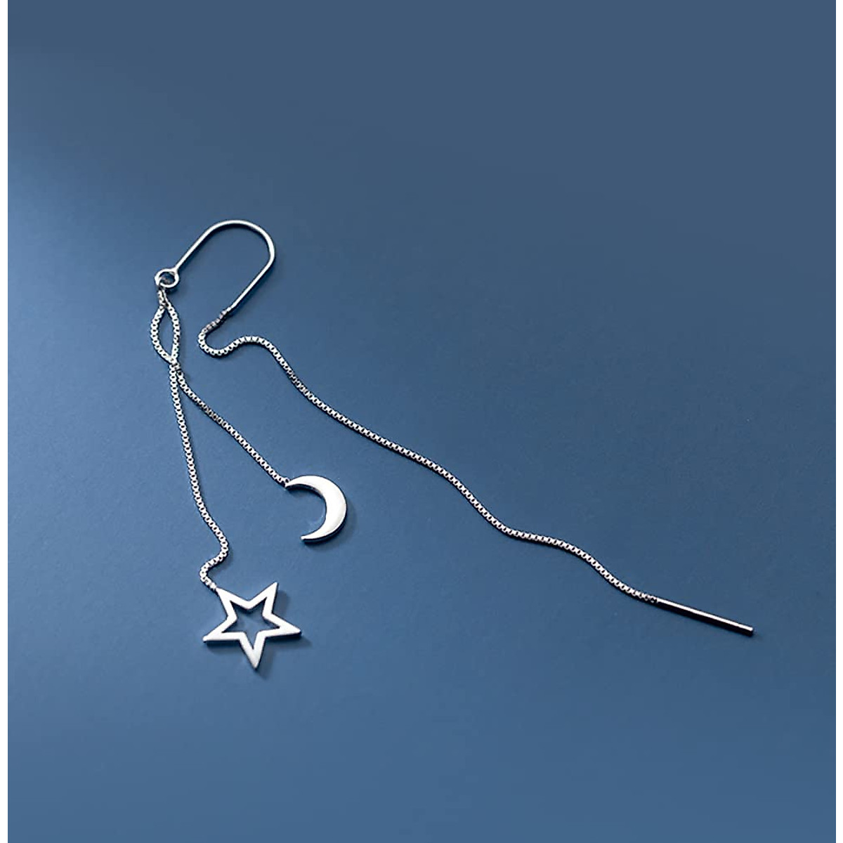 Reffeer Solid 925 Sterling Silver Moon Star Threader Dangle Earrings Chain for Women Teen Girls Long Dangle Earrings Tassel Chain (A-Silver)