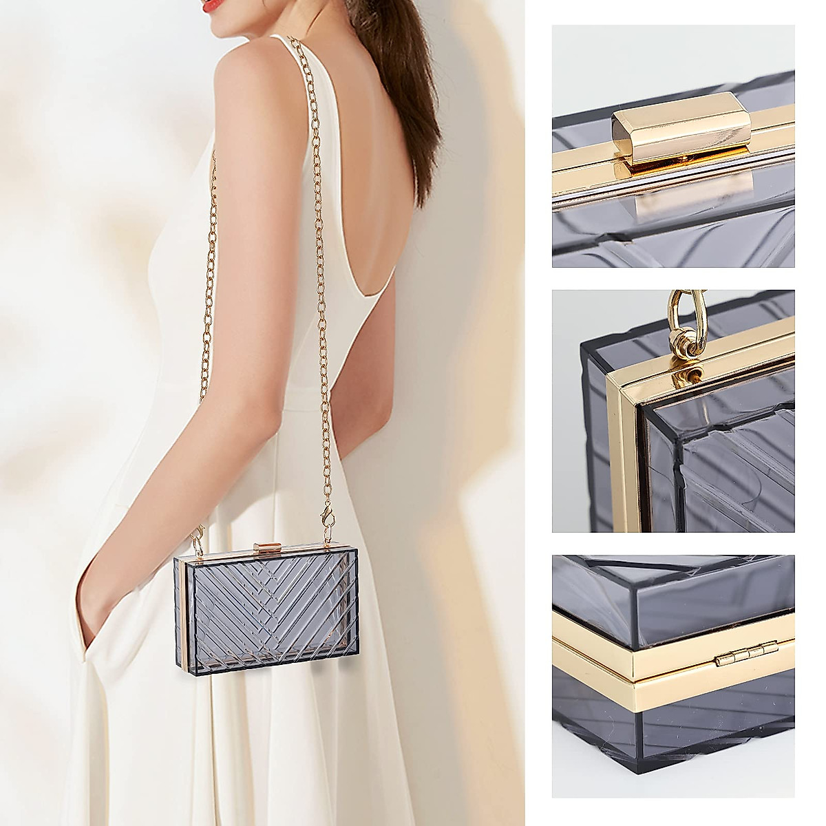 WJCD Clear Purses For Women Clear Purse Acrylic Clear Clutch Bag Clear Bag Stadium Approved (Grey)