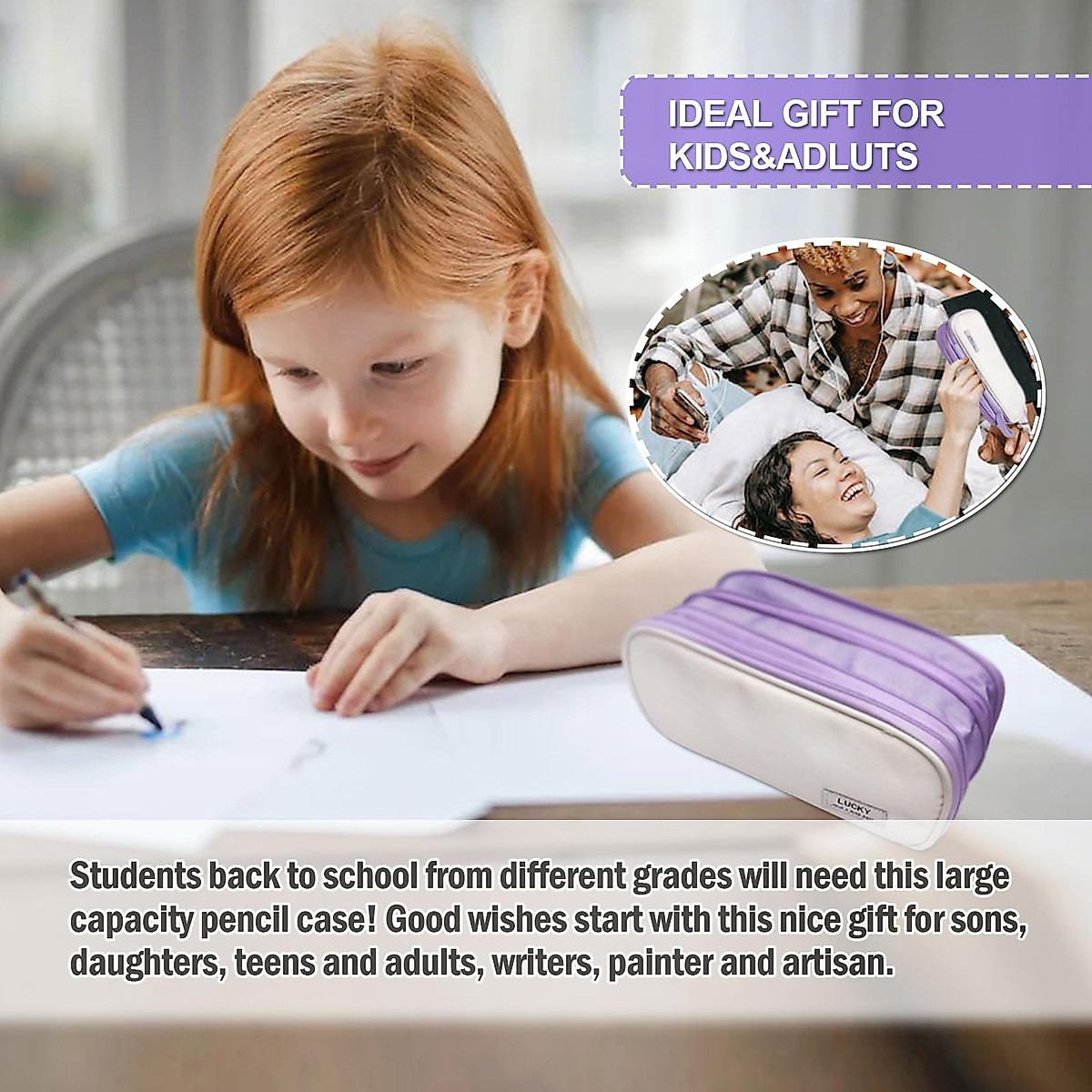 Namii W Pencil Case Large Capacity Pouch Bag with Zippers, Expandable Pen Bag Storage Holds 50-100 Pencils, Colors Pencil Box Organizer Case Office School Supplies for Girls Boys Adults(Purple)