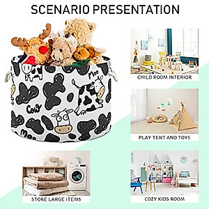 Round Storage Basket Bin Cute Doodle Cow Collapsible Waterproof Laundry Hamper Baby Nursery Basket Organizer with Handles for Bedroom Closet Toys Gifts