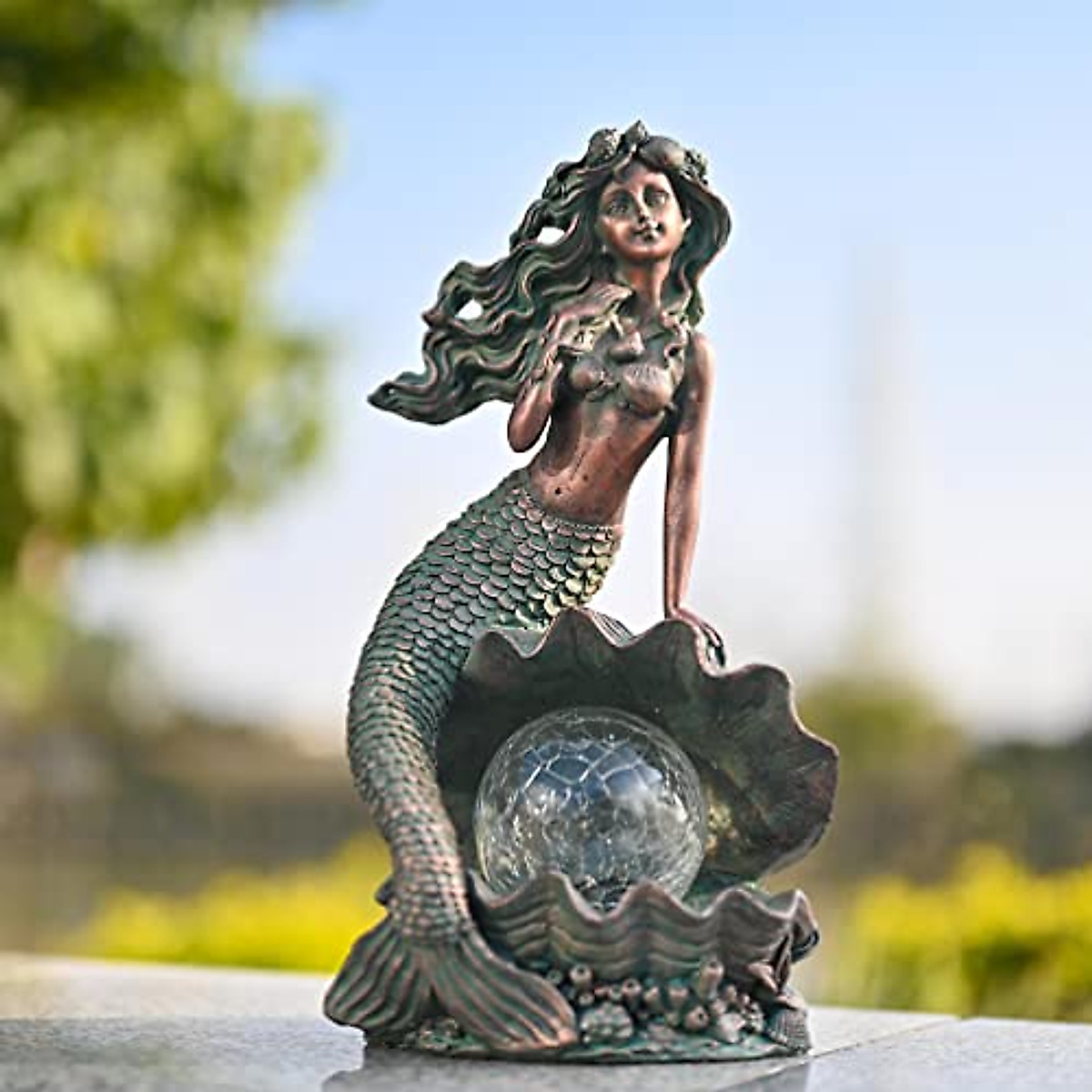 TERESA'S COLLECTIONS Mermaid Garden Sculptures & Statues, Outdoor Fairy Statue, Solar Garden Fairy Decor, Garden Figurines Lawn Ornaments for Patio Yard Decorations (Bronze)