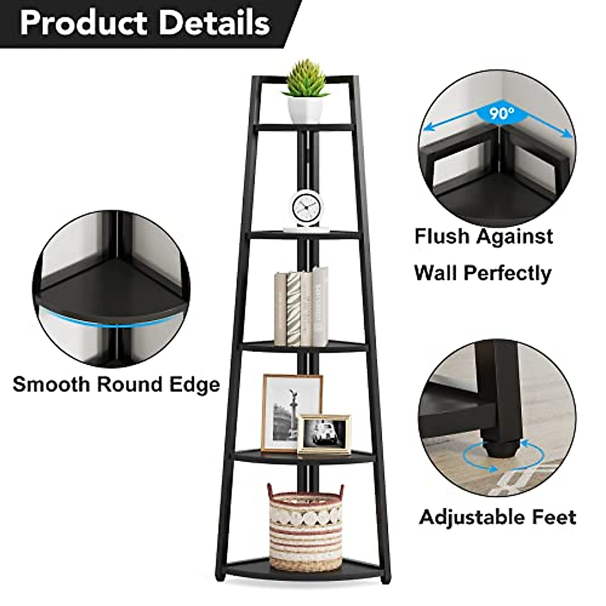 Tribesigns 5 Tier Corner Bookshelf and Bookcase, 70 inch Tall Corner Shelves Rustic Corner Ladder Shelf Indoor Plant Stand for Living Room, Kitchen, Home Office (Black)