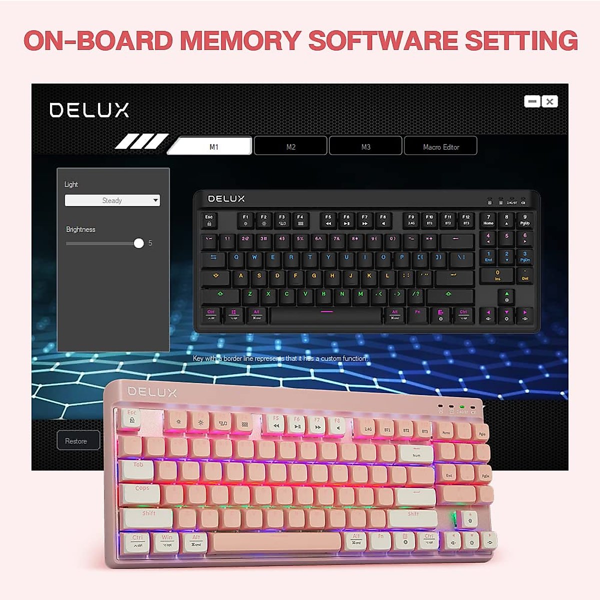 DeLUX 80% Wireless Mechanical Keyboard - RGB Backlit, Hot Swappable 89 Keys, US Layout, Linear, Quiet Yellow Switches, PBT Keycaps - Multi-Device Gaming (KM18-Pink)