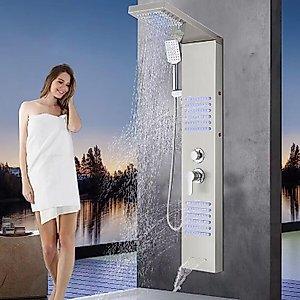 AlenArt Shower Panel Tower System LED Multi-Function Shower Tower Faucet Rainfall Waterfall Shower Head with Massage Jets Stainless Steel Wall Mount in Bathroom,Brushed Nickel
