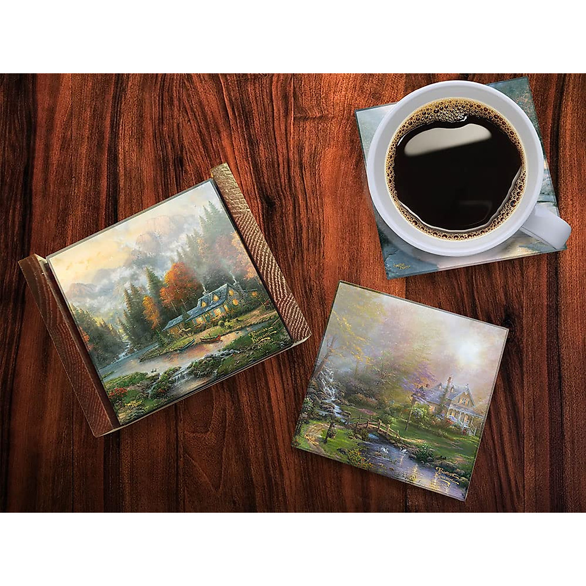 Thomas Kinkade - Seasons Scenes – Summer Spring Winter Fall - Set of Four 4” x 4” Glass Coasters - Comes with Stylish Modern Wooden Coaster – for Gifting and Collecting