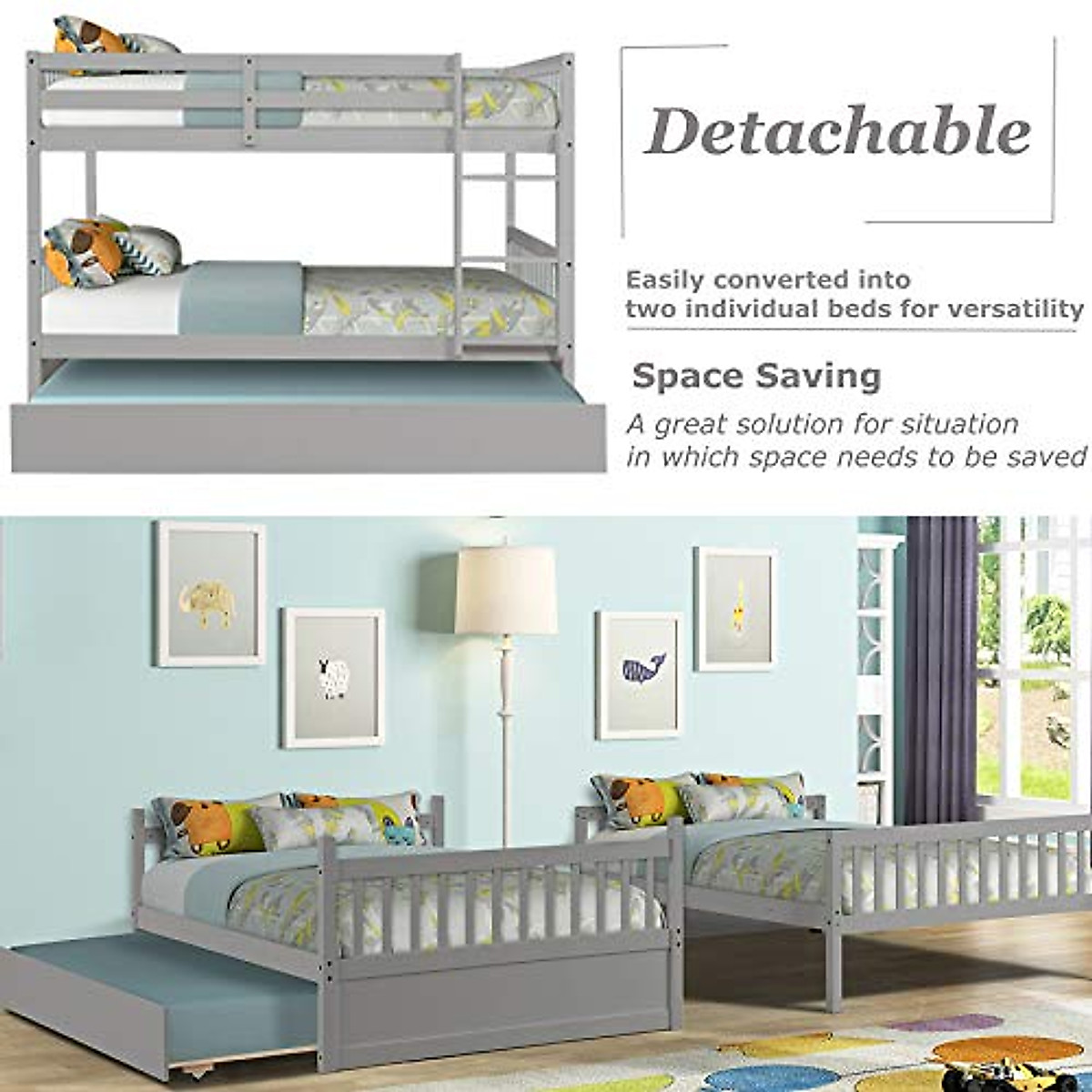 Full Over Full Bunk Bed with Trundle, Convertible to 2 Full Size Platform Bed, Full Size Bunk Bed with Ladder and Safety Rails for Kids, Teens, Adults, Grey