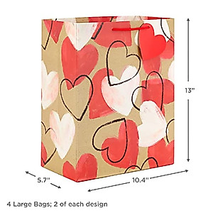 Hallmark 13" Large Kraft Valentine's Day Gift Bags (4 Bags, 2 Designs: Happy Heart Day, Rustic Hearts) for Kids, Adults, Galentine's Day, Weddings