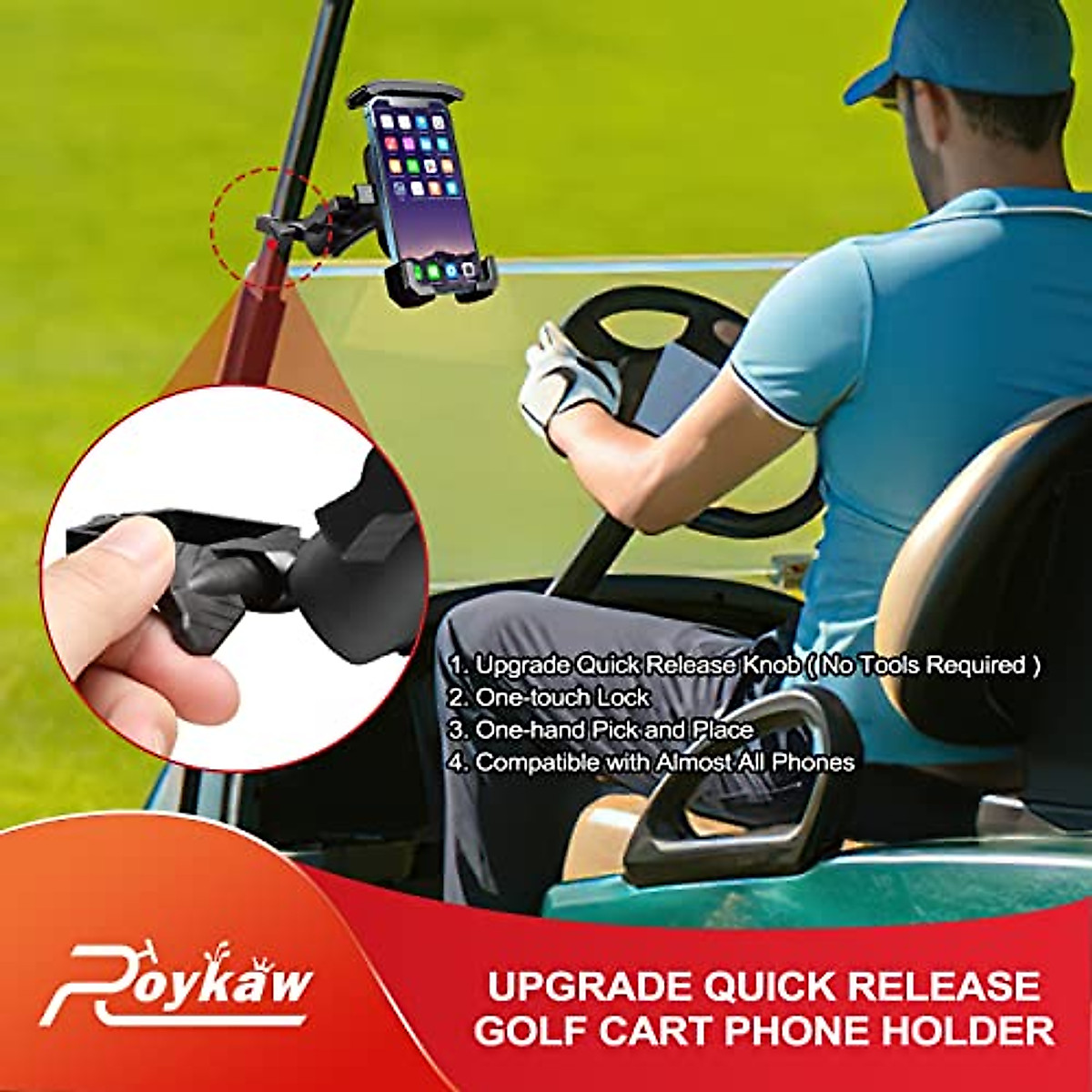 Roykaw Golf Cart Phone Mount Holder for EZGO/Club Car/Yamaha/ICON/Advanced EV Models, Upgrade Quick Release & One-Touch Lock, Compatible with iPhone/Galaxy/Google Pixel/Motorola/All 4.7"-6.8" Devices