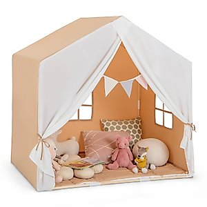 Costzon Large Kids Tent with Mat, Children's Play Tent w/Flag Banner, Windows, Gauze Curtain, Solid Wood Frame, Indoor Outdoor Kids Playhouse for Boys & Girls Age 3 + (Orange)
