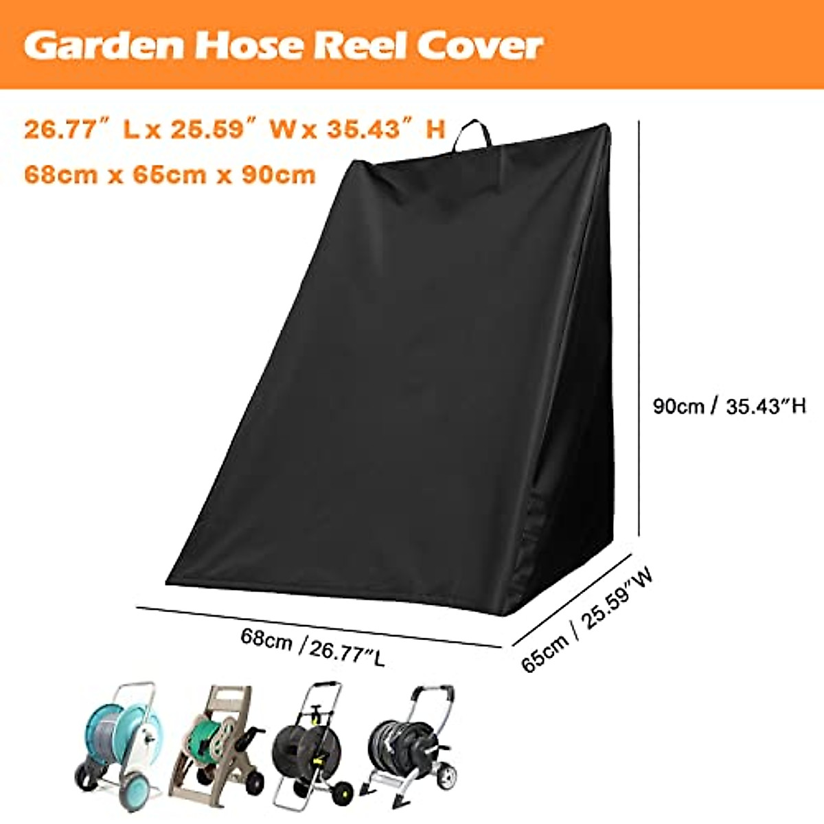 Garden Hose Reel Cover, Outdoor Portable Waterproof Dustproof Garden Free Standing Water Hose Reel Protective Cover for Veranda Patio furniture Rolling Hose Cart Black