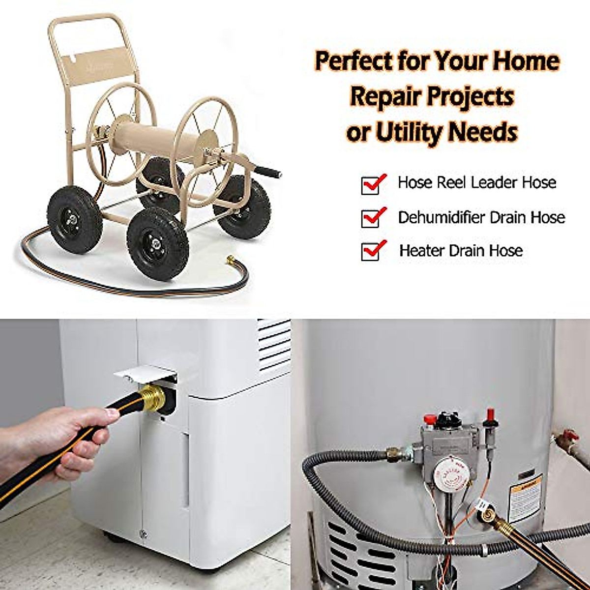 Solution4Patio Garden Short Hose 5/8 in. x 10 ft. Hose Reel Lead in Hose, Male/Female Brass Fittings, No Leaking, Short Connector Hose for Water Softener, Dehumidifier, Camp RV, Janitor Sink Hose