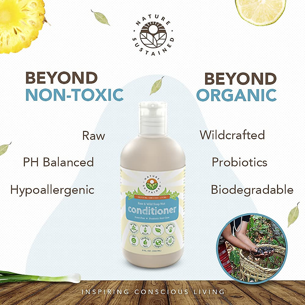 Nature Sustained Organic Fragrance Free Conditioner - Gentle Unscented Natural Sensitive Skin Conditioner - Raw Wildcrafted Probiotic Hypoallergenic Hydrating Conditioning Wash for All Hair - 9 Oz