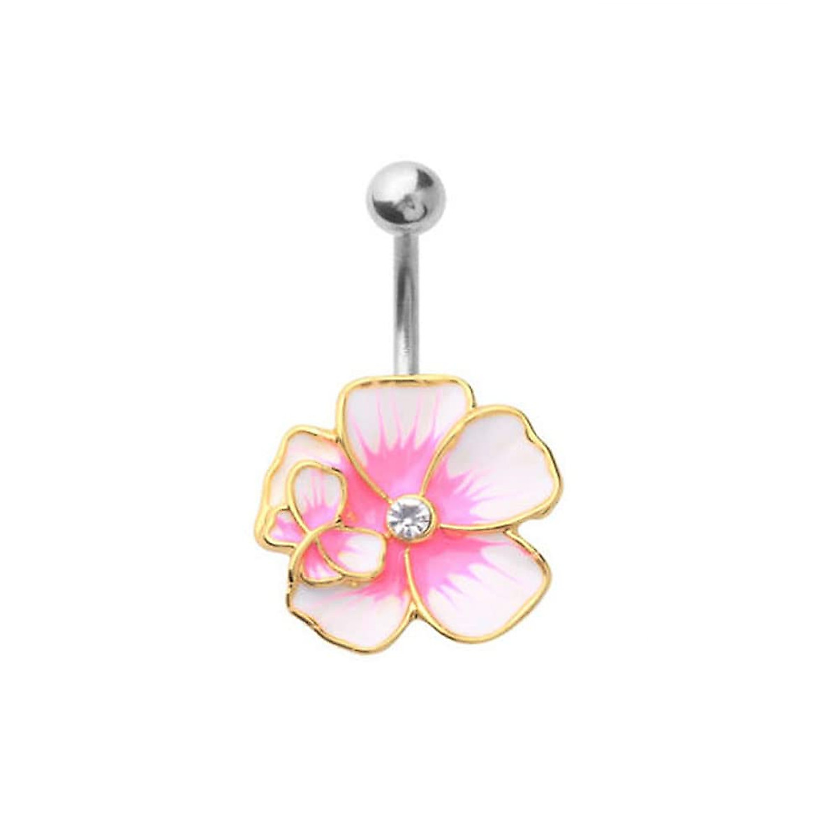 5 - Assorted Set 14 Gauge 3/8 Inch 316L Surgical Steel Barbell Belly Button Navel Rings Dangles Butterfly Hibiscus CZ Flower B630 Color Yellow Purple Blue Pink Green