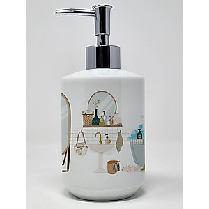 Caroline's Treasures WDK5821SOAP Fawn English Bulldog in Bathtub Ceramic Soap Dispenser Hand Soap Dispenser Pump Bottles for Bathroom Kitchen, Empty Refillable Liquid Soap Container