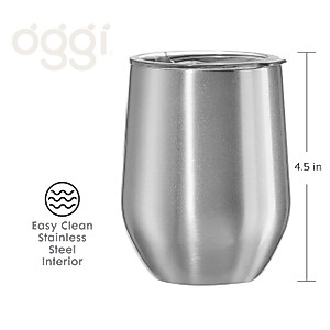 Oggi Cheers 'Celebrate Collection' Stainless Steel Insulated Wine Tumbler - Silver Sparkle, 12oz, with clear slider lid. (Pack of 2)