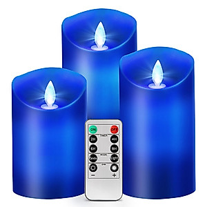 Windshell Real Blue Flame Candles(Blue LED Light Source), Remote Control/Moving Wick Design, Real Wax Flameless Royal Blue Pillar Candle, Battery Operated, Timer and Dimmable
