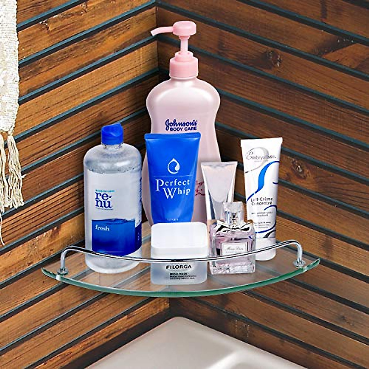 Vdomus Bathroom Tempered Glass Shelf with Towel Bar Wall Mounted, Brushed Silver Finish (2 Tier + 1 Tier)