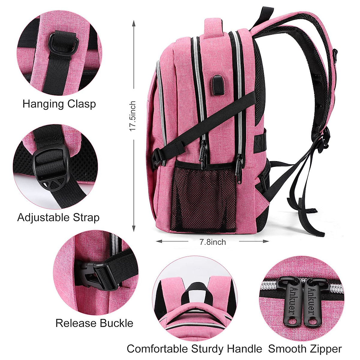 ANKUER Backpacks for Women, Backpack Fits Up 15.6 in Laptop Backpack for Travel, Backpacks with USB Charging Port, Work Business Backpack for School (Pink)