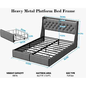 Doltoro Full Size Bed Frame with 4 Storage Drawers and Upholstered Headboard, Button Tufted Platform Bed with LED Lights and Charging Station, No Box Spring Needed, Easy Assembly, Gray