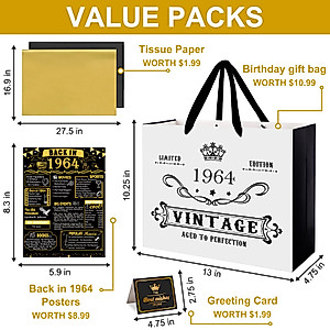 60th Birthday Gift Wrap Bag Vintage 1964 Gift Bag, 60th Birthday Decorations Paper Bag with Tissue Paper & Back in 1964 Poster, Happy Birthday Gift Bag for 60 Years Old Women/Men 13" x 10" x 5"