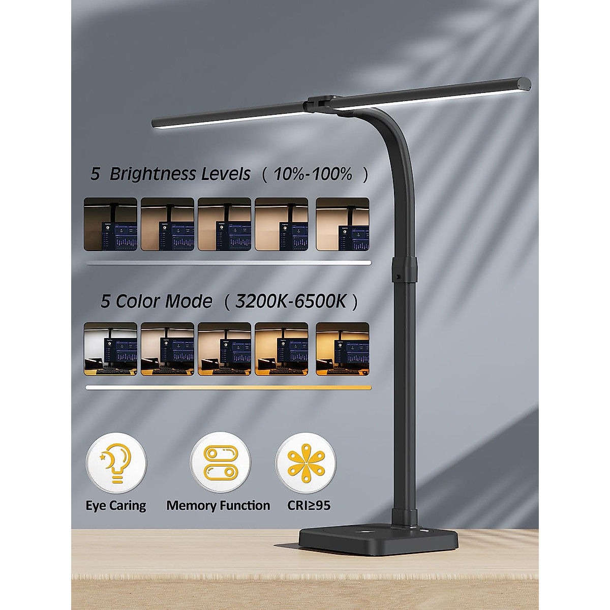 AKRRYR LED Desk Lamp for Home Office, Double Head 24W with USB Charging Port & Wireless Charger, Architect Light 5 Lighting Brightness Flexible Gooseneck Table Reading Study, Black