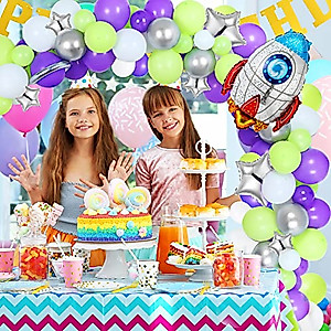 134 Pieces Buzz Birthday Party Balloon Garland Arch Kit 10 5 inch Purple Green Silver White Latex Balloons with Rocket Star Foil Balloon for Buzz Themed Birthday Party Decorations