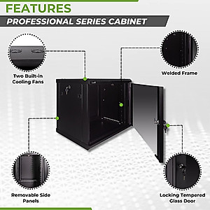 NavePoint 9U Server Rack Enclosure - 17.7” Deep, 9U Wall Mount Network Cabinet with Locking Glass Door for 19” IT Equipment, 9U Network Rack with 2 Fans, Removable Side Panels, Black