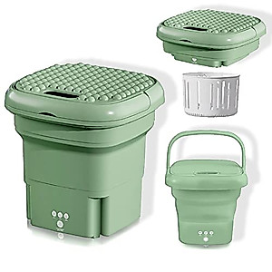 Foldable Washing Machine, Mini Portable Washer, Washing Machine with Drain Basket for Apartment, Laundry, Camping, RV, Travel, Underwear, Personal, Baby - GREEN
