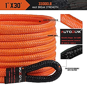 AutoDunk 1" x 30' Kinetic Recovery & Tow Rope (33,000lbs), with 2 Soft Shackles (33,000lbs) Offroad Recovery Kit for 4WD Pick Up Truck, SUV, ATV, UTV (Orange)