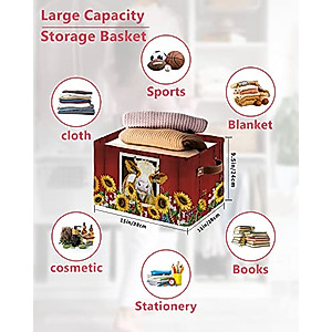 Sunflower Barn Cow Cube Storage Organizer Bins with Handles, 15x11x9.5 Inch Collapsible Canvas Cloth Fabric Storage Basket, Retro Farmhouse Animal Books Kids' Toys Bin Boxes for Shelves, Closet